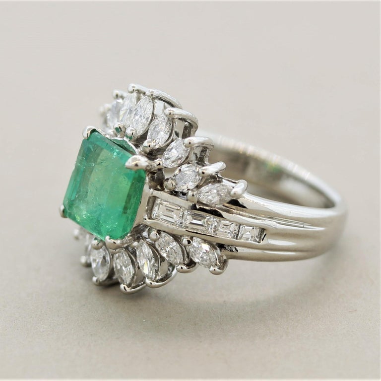 Emerald Diamond Platinum “Sunburst” Ring For Sale at 1stDibs
