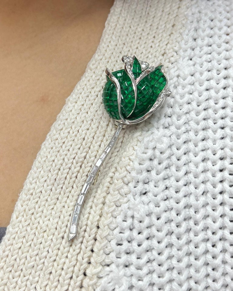 Emerald Diamond Rose Brooch For Sale at 1stDibs