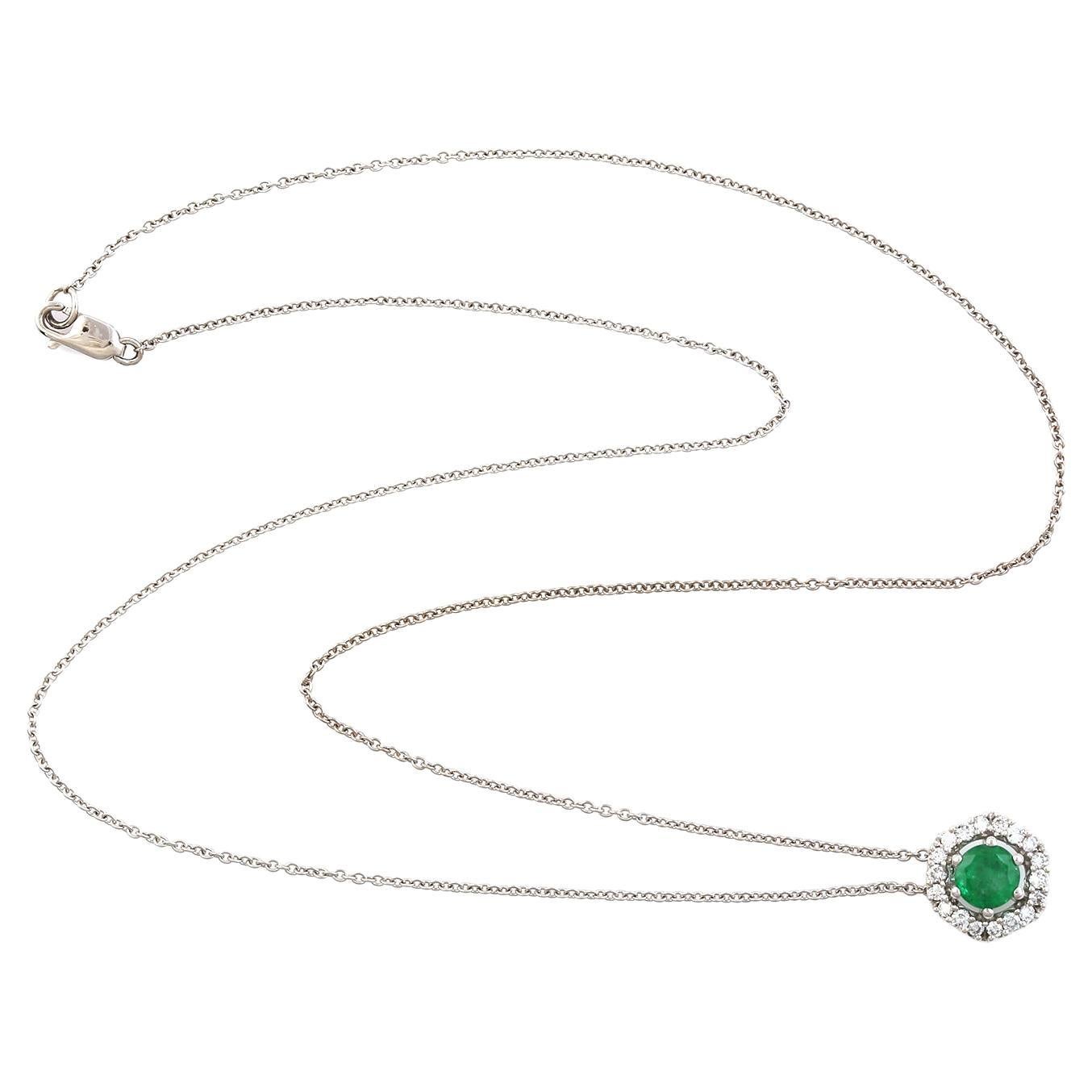 Emerald and Diamond Round Pendant Chain Necklace Made In 14k White Gold ...