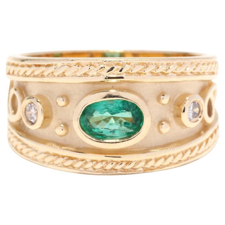 Emerald Diamond Wide Band Ring, 14KT Yellow Gold, Ring at 1stDibs