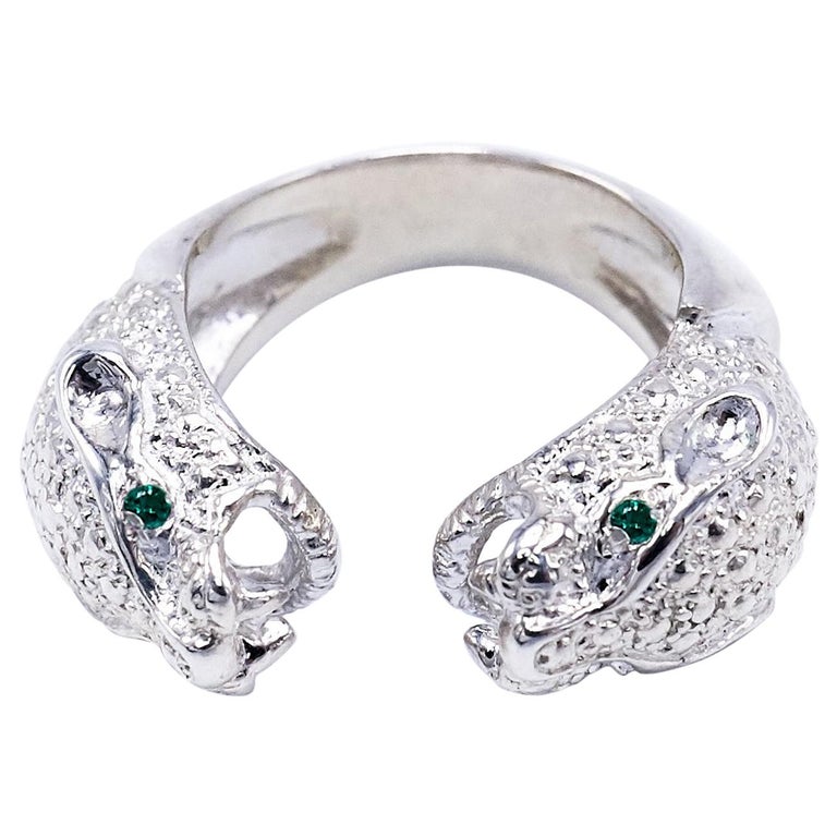 Emerald Double Head Jaguar Ring Sterling Silver Cocktail Statement J ...