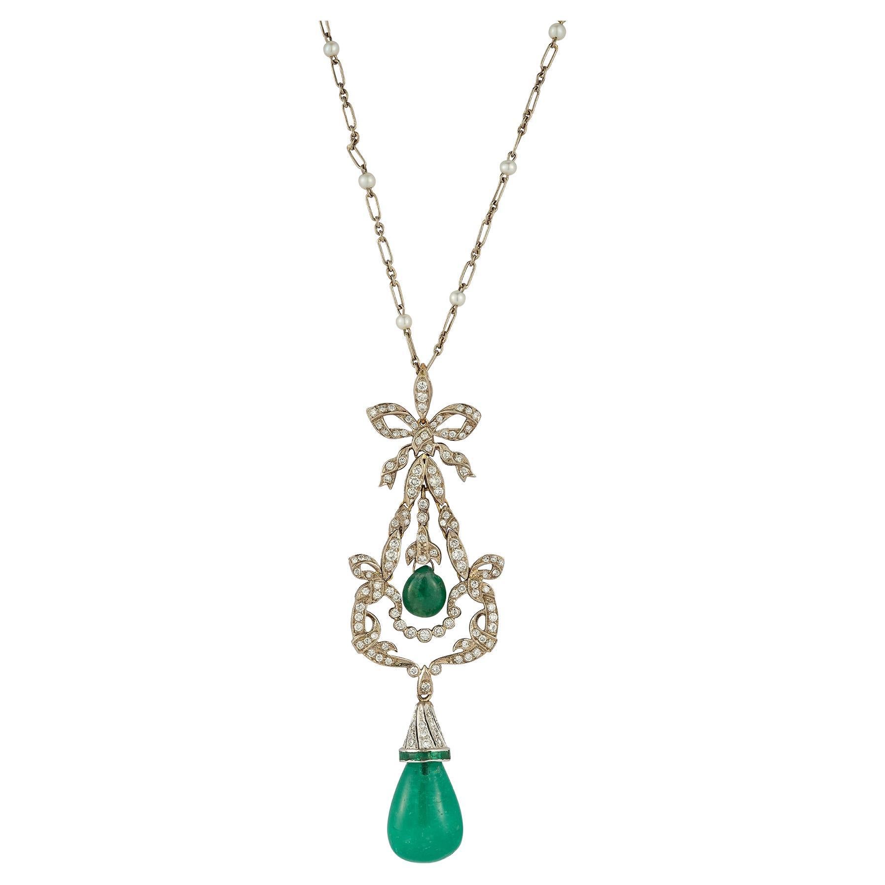 Diamond and Emerald Drop Necklace For Sale at 1stDibs
