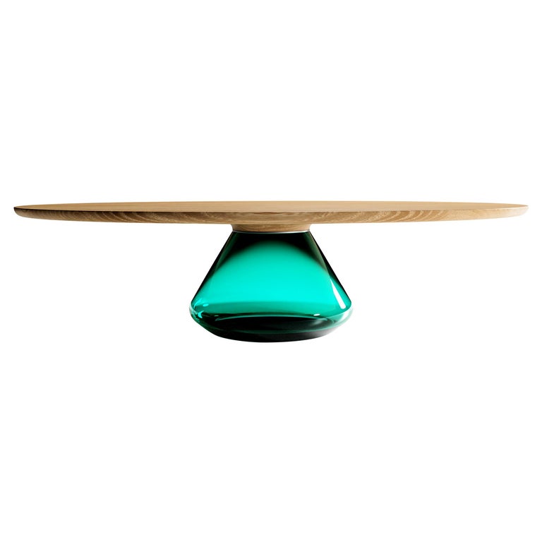 "Emerald Eclipse" Coffee Table ft. Hand-Blown Glass Base and Oiled Oak ...