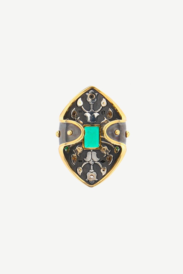 Emerald Ecu Ring with Diamonds in 18k Yellow Gold by Elie Top For Sale ...