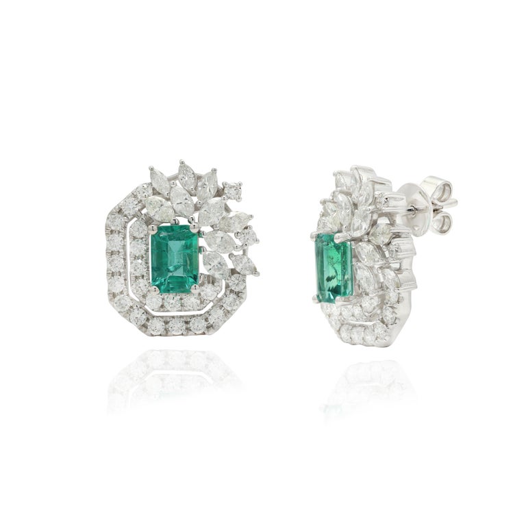 Emerald Encompassed with Diamonds Floral Stud Earrings in 14K Solid ...