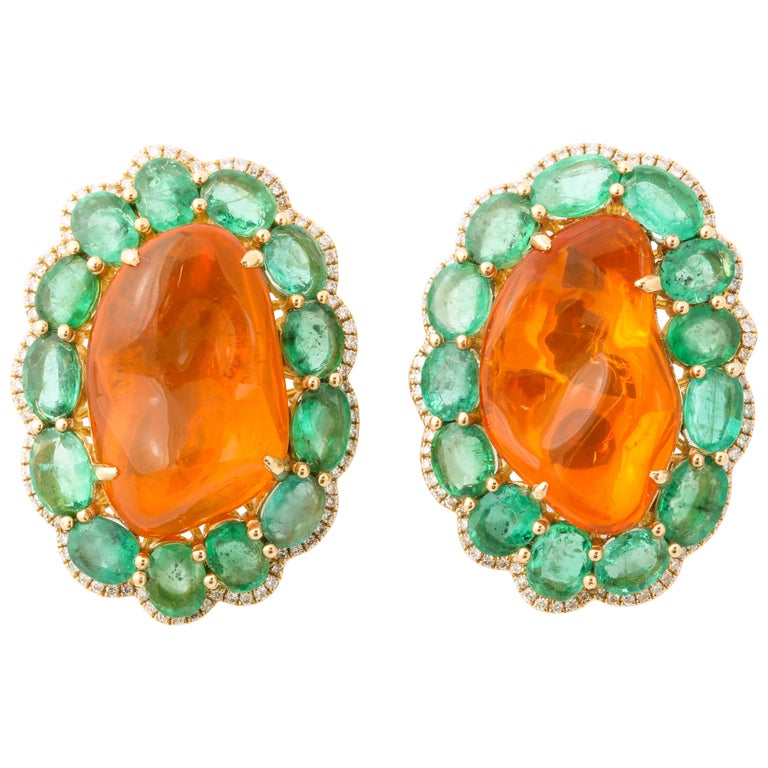 Emerald Fire Opal Diamond Gold Earclips For Sale at 1stDibs