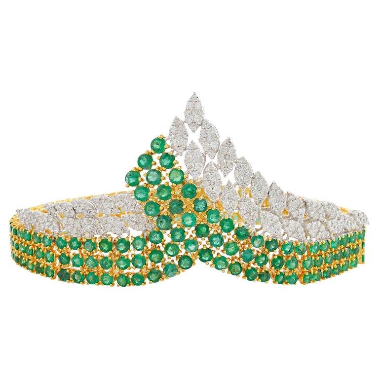 Emerald Gemstone Bracelet Diamond 18 Karat Yellow Gold Handmade Fine ...