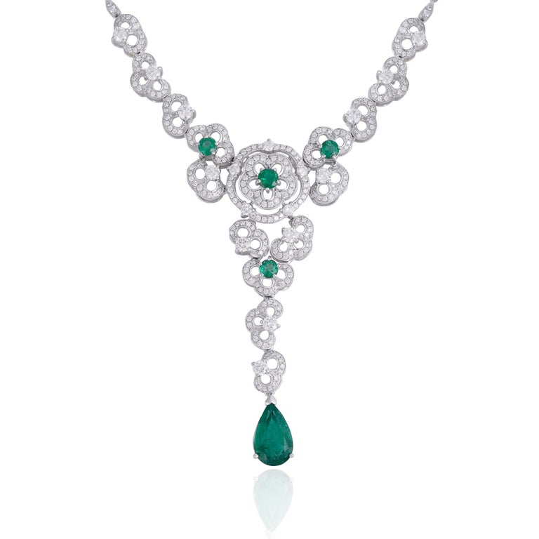 Emerald Gemstone Flower Pendant Diamond Necklace 18 Karat White Gold