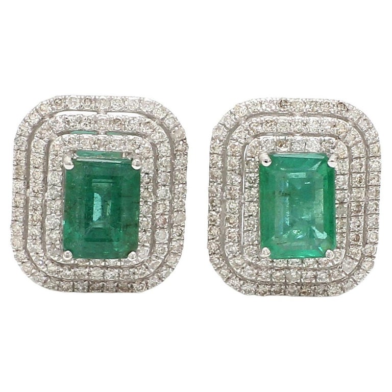 Emerald Gemstone Stud Earrings Pave Diamond 18 Karat White Gold ...