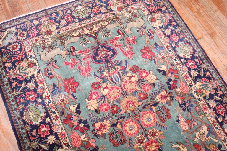 Emerald Green Botanical Antique Persian Kashan Rug For Sale at 1stDibs