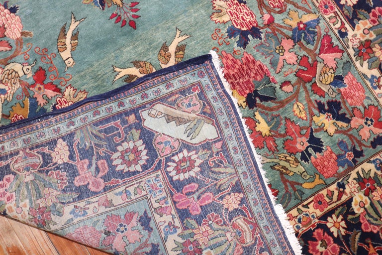 Emerald Green Botanical Antique Persian Kashan Rug For Sale at 1stDibs