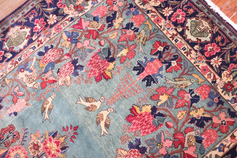 Emerald Green Botanical Antique Persian Kashan Rug For Sale at 1stDibs