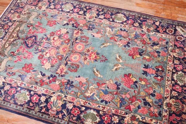 Emerald Green Botanical Antique Persian Kashan Rug For Sale at 1stDibs