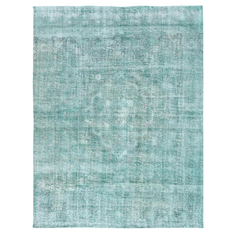 Emerald Green Wool Hand Knotted Old Persian Tabriz Worn Down Distressed ...