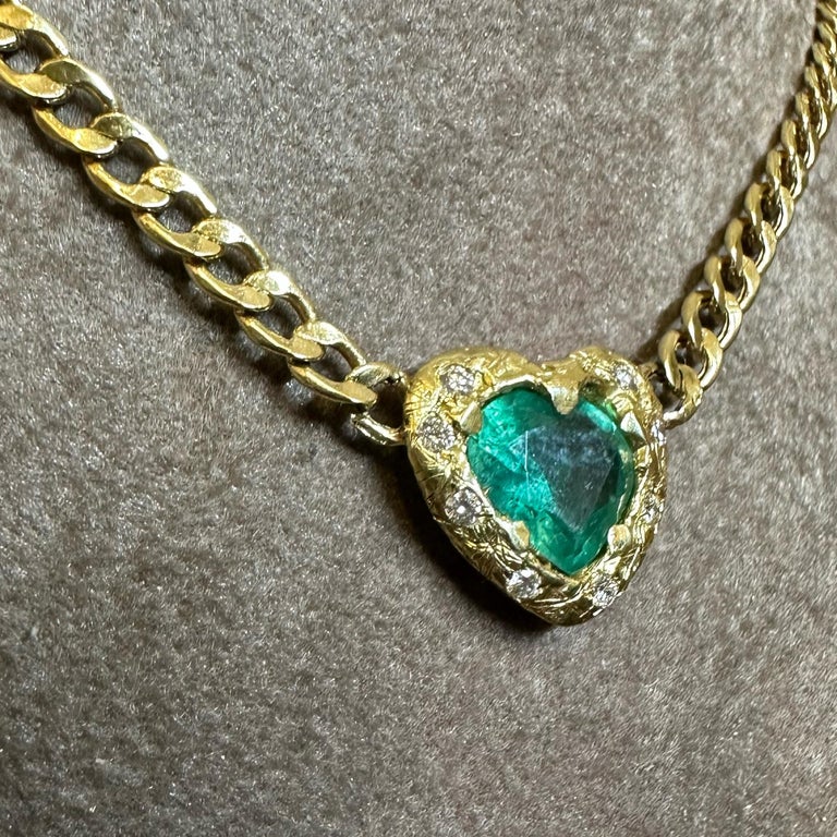 Emerald Heart Necklace and Choker with Diamonds on a Cuban Link Chain One off For Sale at 1stDibs