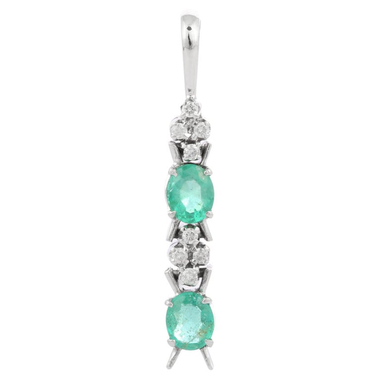 Oval 1.1 ct Emerald Long Pendant with Diamonds in 18K White Gold For ...