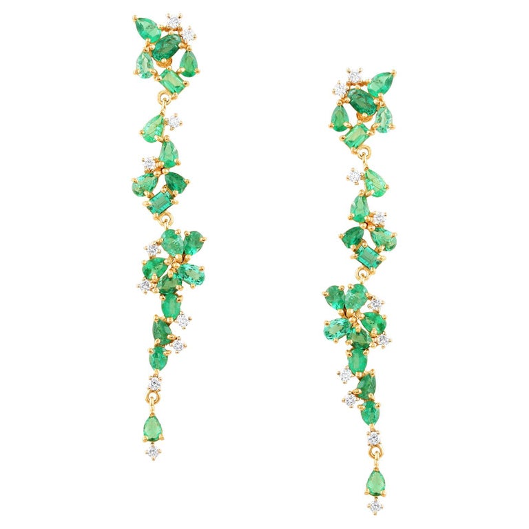 Emerald Mix Shape and Diamond Earring in 18k Yellow Gold For Sale at ...