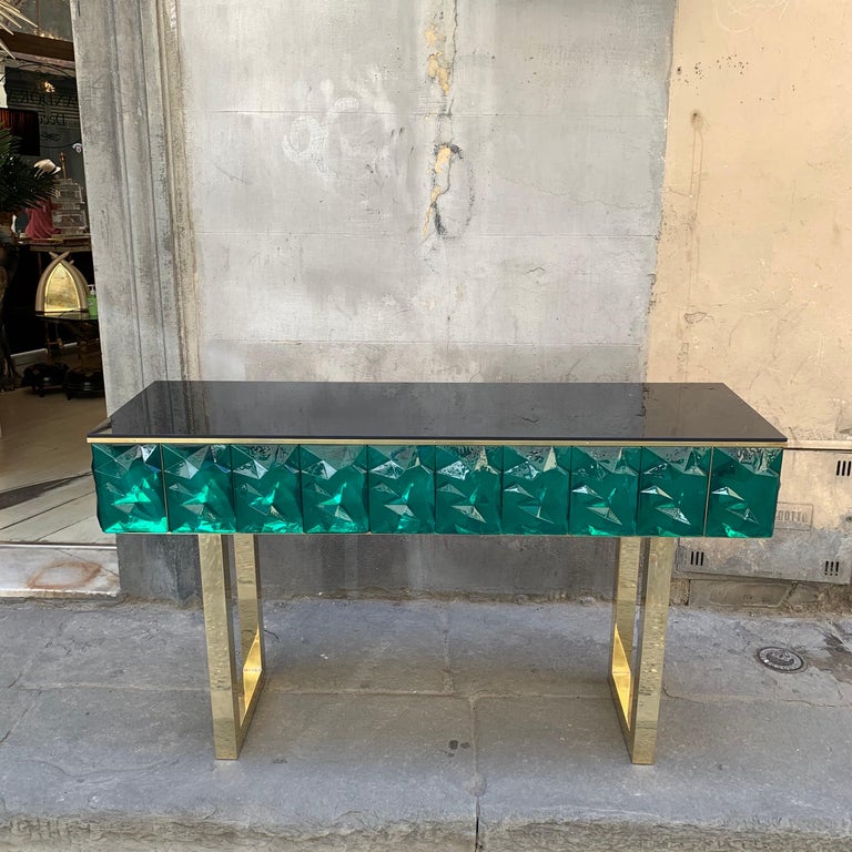 Emerald Murano Glass Console with Blue Black Opaline Glass Top, Brass ...