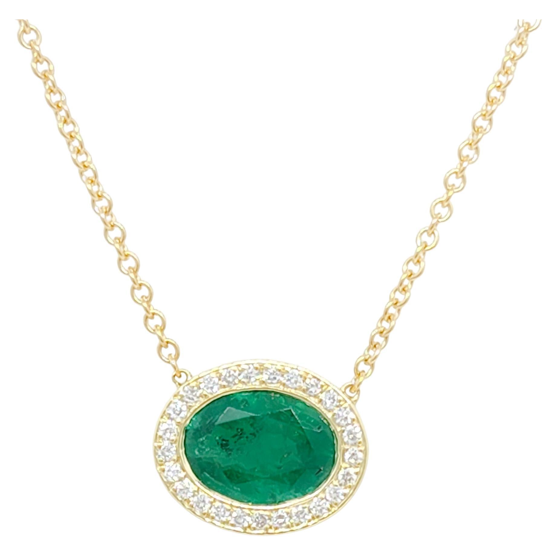 Emerald Oval And Diamond Necklace In 18K White Gold For Sale at 1stDibs
