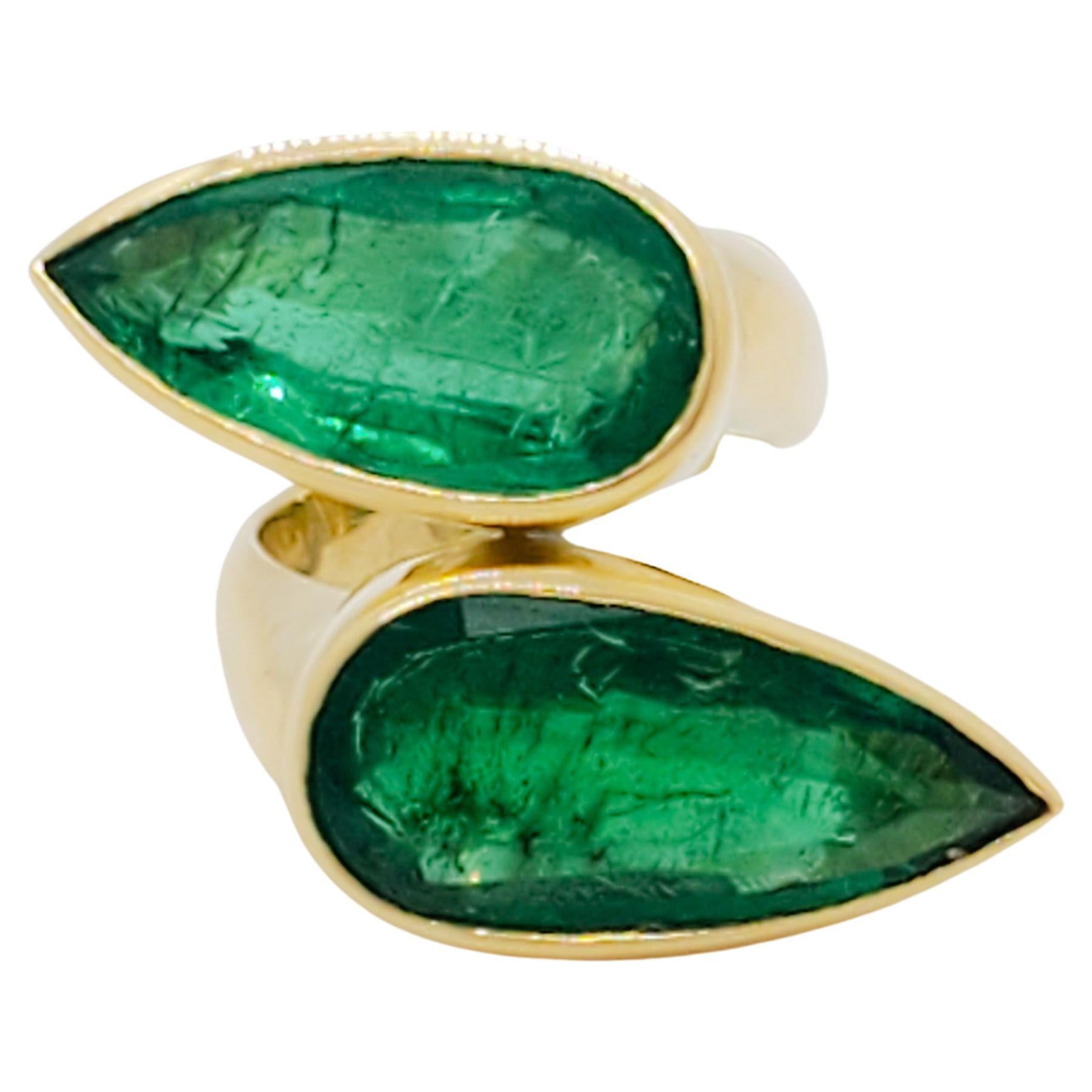 Heart Shape Yellow DIamond and Emerald Bypass Ring at 1stDibs