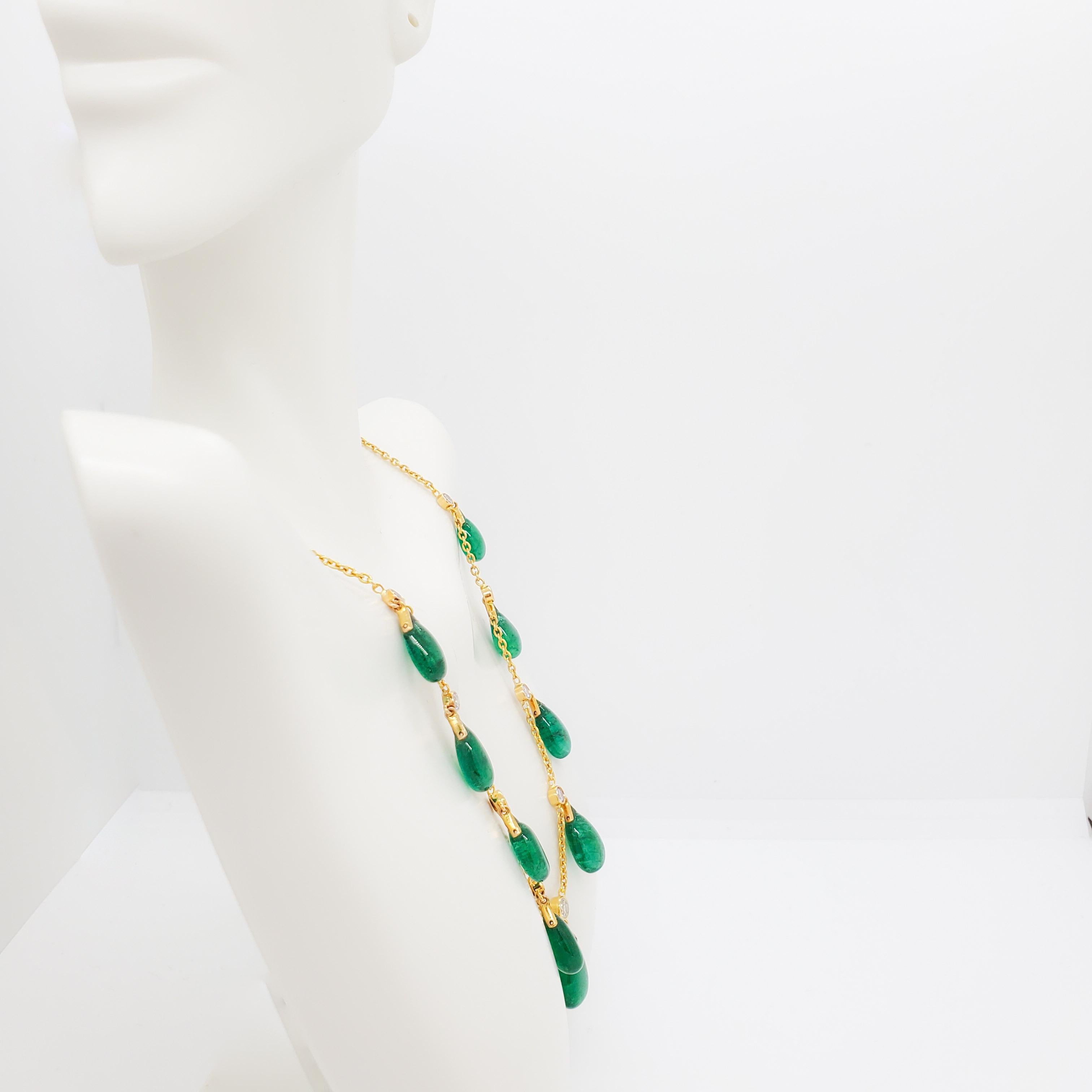 Emerald Pear Shape Drop and White Diamond Necklace in 18k Yellow Gold ...
