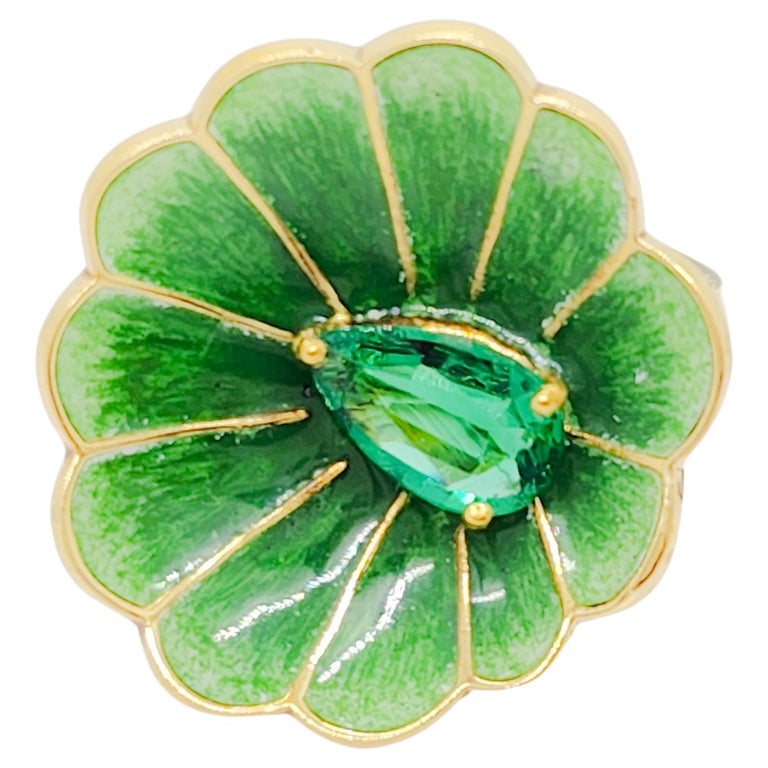 Emerald Pear Shape, Green Enamel, and 18k Yellow Gold Floral Cocktail ...