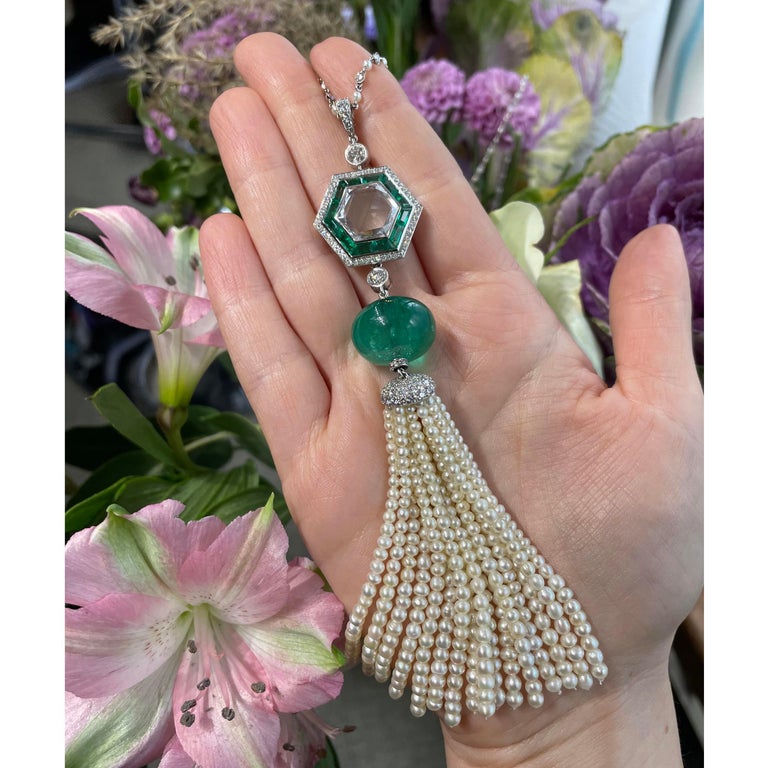 Emerald Pearl Diamond And Platinum Tassel Pendant Necklace For Sale