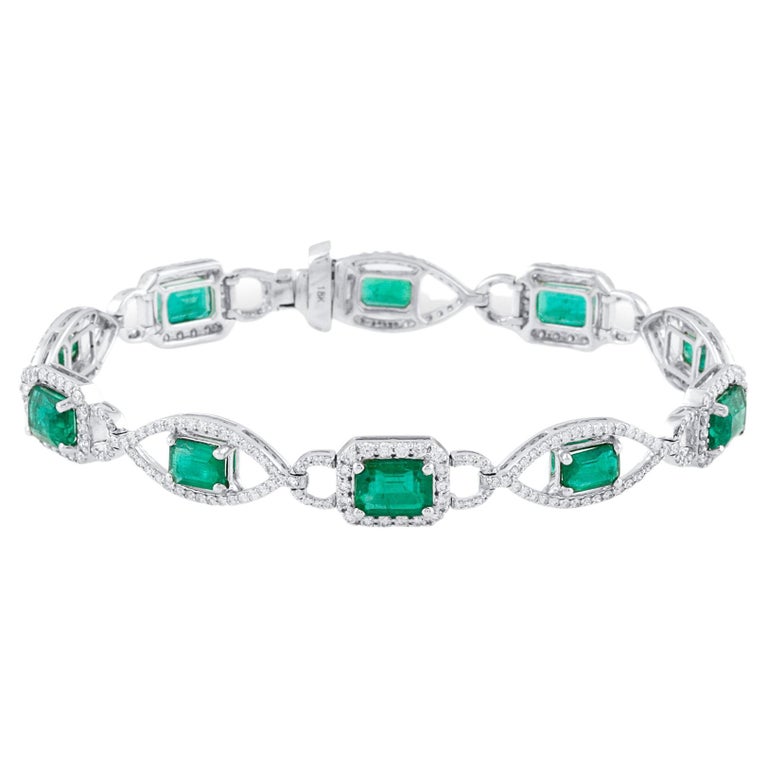 Emerald Rectangle And Diamond Bracelet In 18K White Gold For Sale at ...