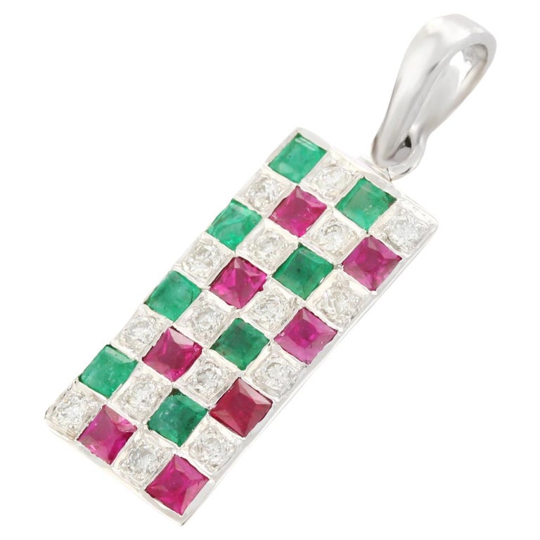 Emerald Ruby Diamond Thick Mosaic Bar Pendant in 18K Solid White Gold ...