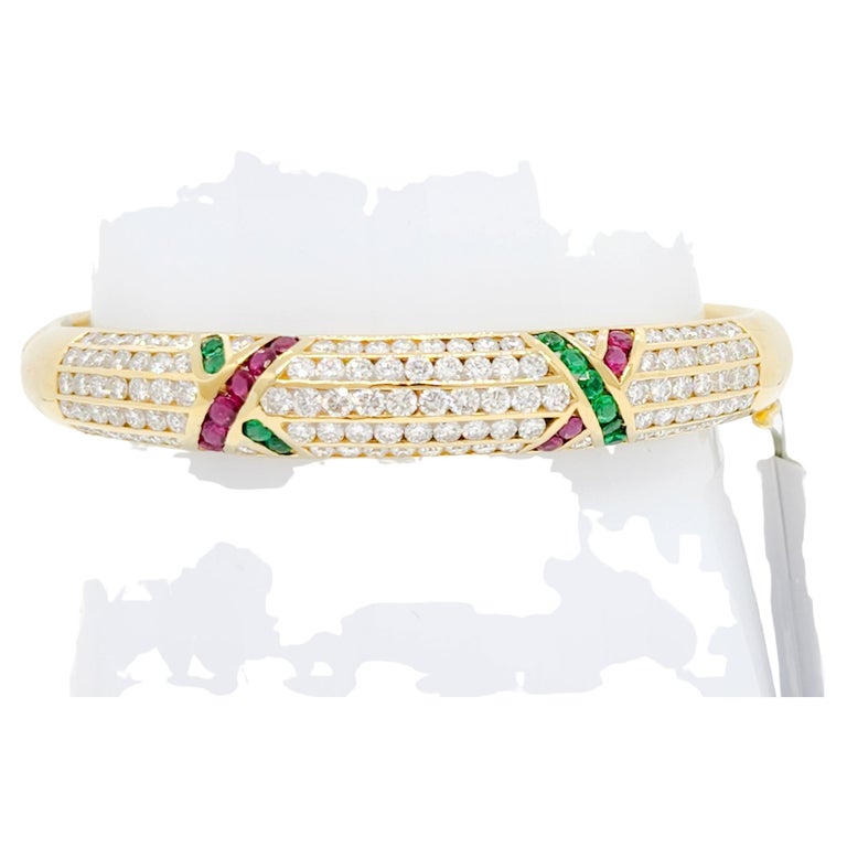 Emerald, Ruby, and White Diamond Bangle in 18k Yellow Gold For Sale at ...