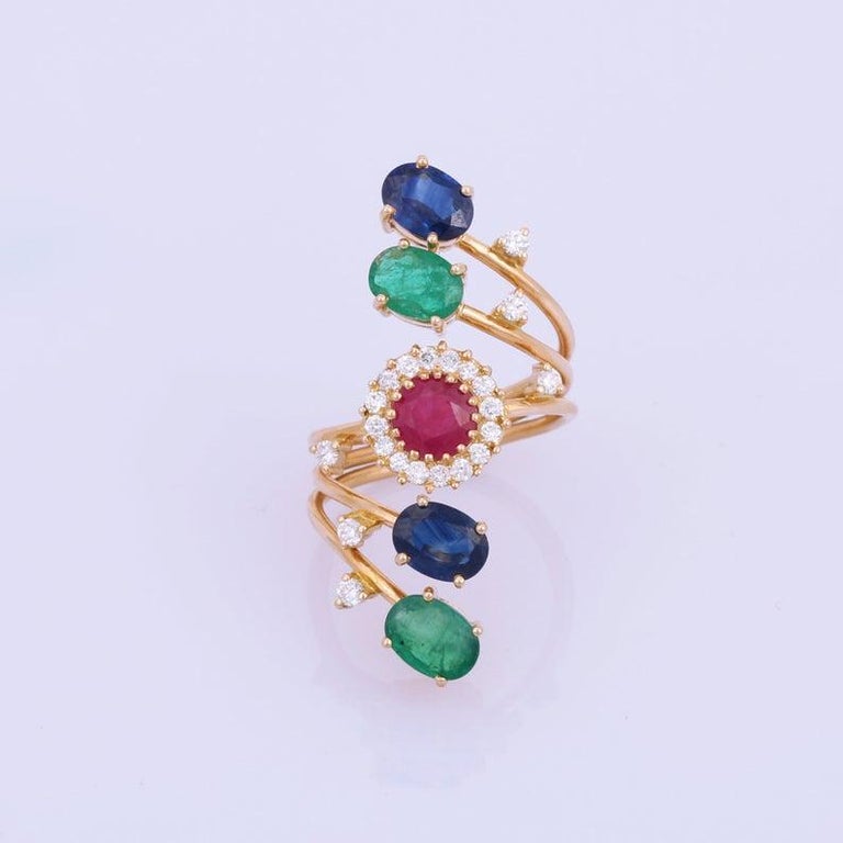 Emerald Ruby Blue Sapphire Diamond 18 Karat Gold Ring For Sale at 1stDibs