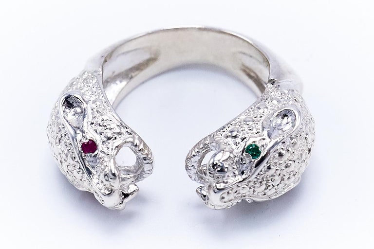 Emerald Ruby Double Head Jaguar Ring Sterling Silver Animal Jewelry J ...