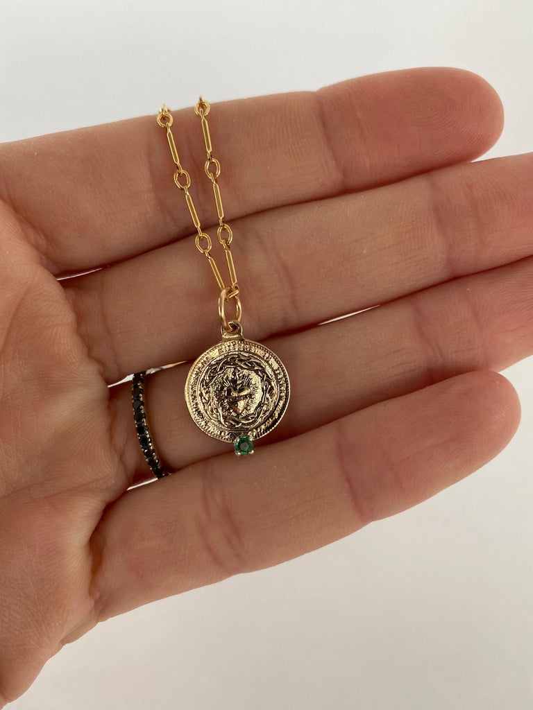 Emerald Sacred Heart Coin Medal Pendant Chain Necklace J Dauphin at 1stDibs