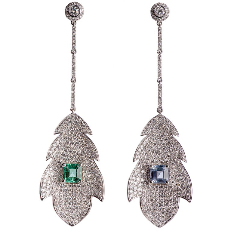 Emerald Sapphire and Diamond Leaf Drop Earrings For Sale at 1stDibs