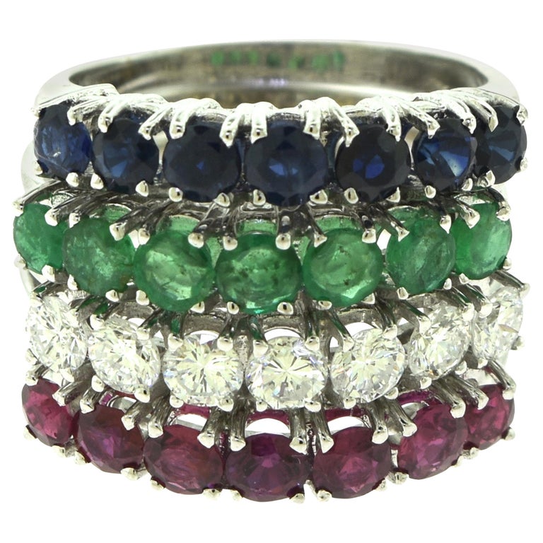 Emerald, Sapphire, Diamond, Ruby Stackable 4-Piece Ring Set at 1stDibs