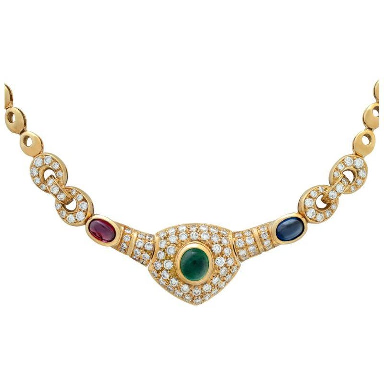 Emerald, Sapphire and Ruby Necklace with Diamonds in 18k For Sale at ...