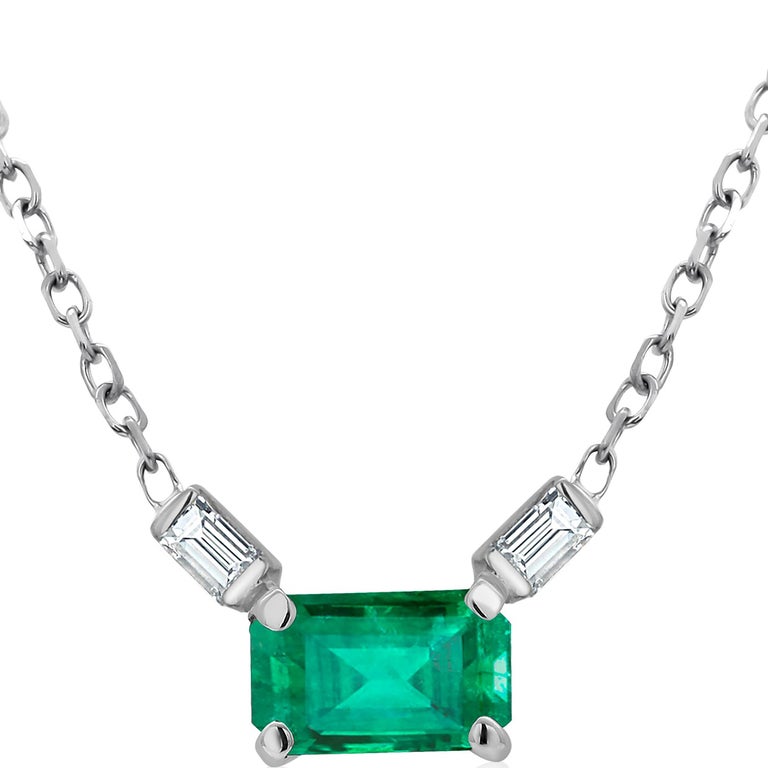 Emerald Shaped Emeralds Two Baguette Diamonds White Gold Drop Pendant ...