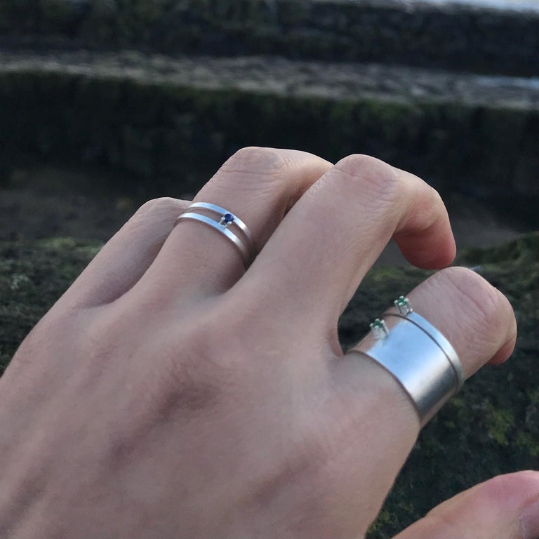 Emerald Sterling Silver Narrow Ring For Sale at 1stDibs