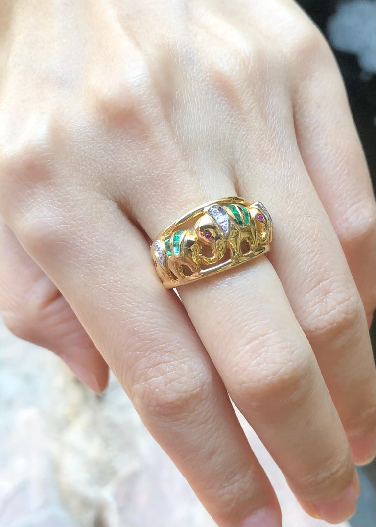 Emerald with Diamond Elephant Ring Set in 18 Karat Gold Settings For ...