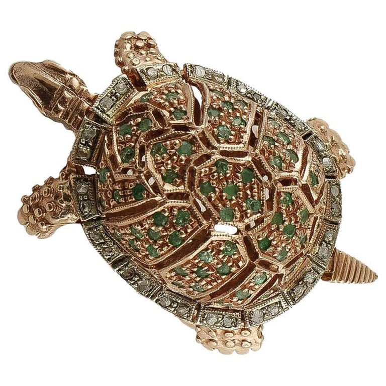 Emeralds, Diamonds 9 Karat Rose Gold and Silver Turtle Ring For Sale at ...