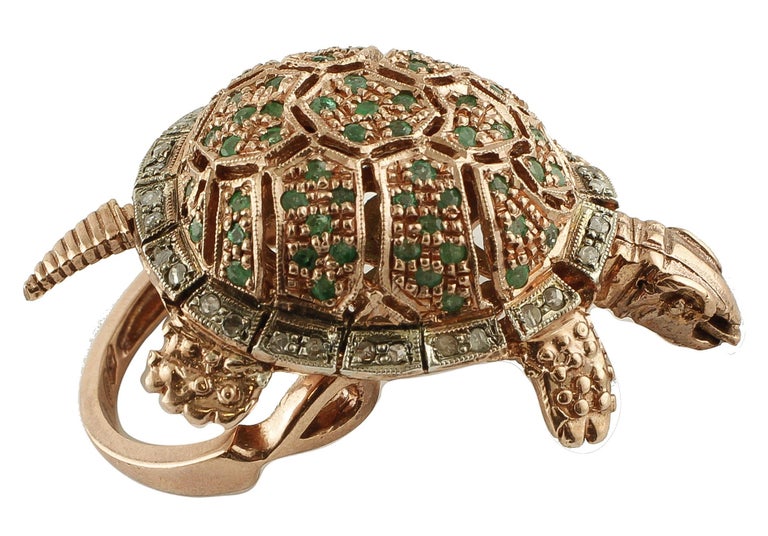 Emeralds, Diamonds 9 Karat Rose Gold and Silver Turtle Ring at 1stDibs