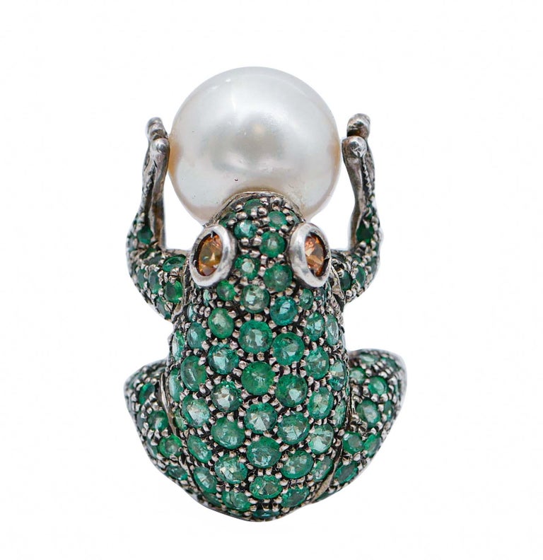 Emeralds, Yellow Sapphires, Pearl, Rose Gold and Silver Frog Shape Ring ...