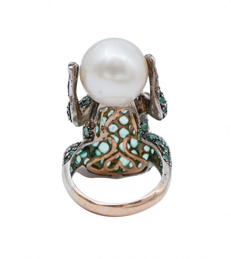 Emeralds, Yellow Sapphires, Pearl, Rose Gold and Silver Frog Shape Ring ...