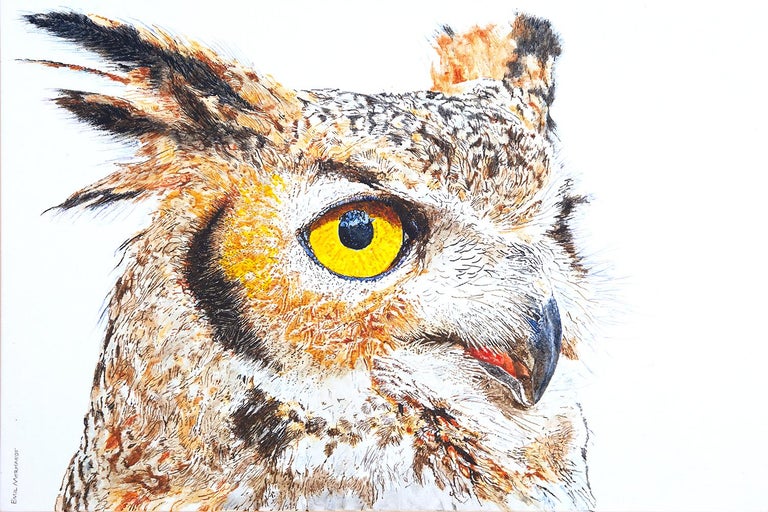 Emil Morhardt - Peinture originale d'un grand hibou à cornes watchful ...