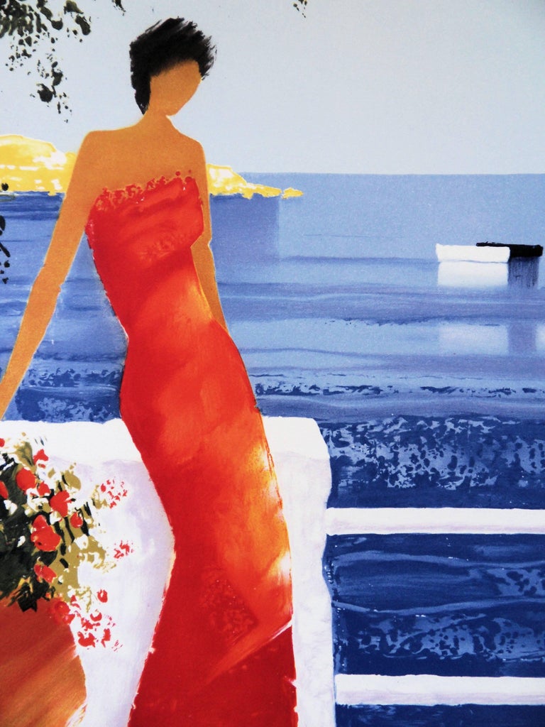 Emile Bellet - Woman in a Red Dress in Santorini - Handsigned ...