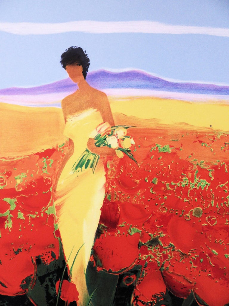 Emile Bellet - Woman in a Yellow Dress in a Poppies Field - Handsigned ...