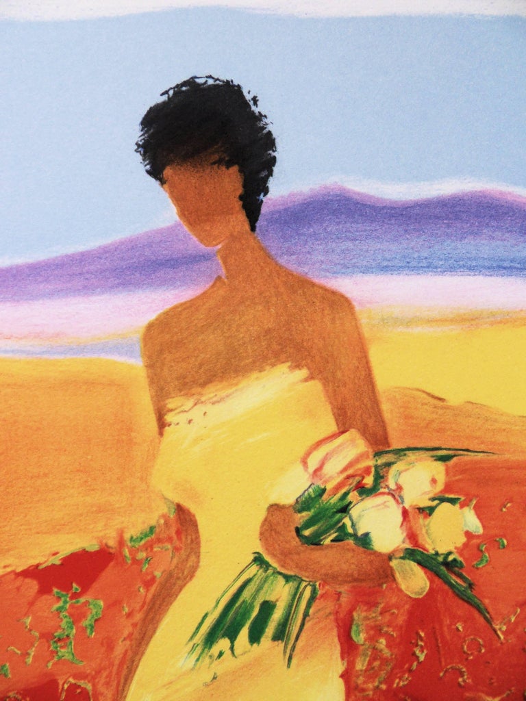 Emile Bellet - Woman in a Yellow Dress in a Poppies Field - Handsigned ...
