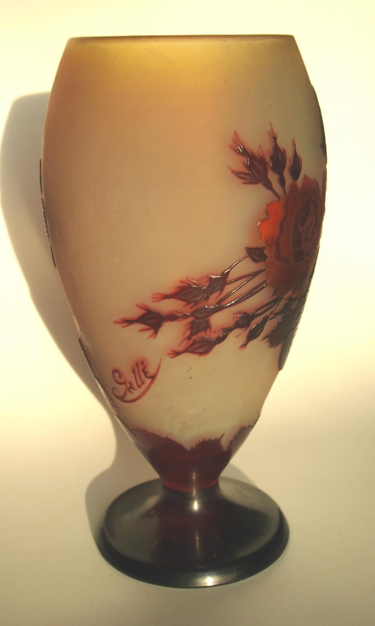 Emile Galle Art Nouveau Cameo Glass Roses Vase -French For Sale at 1stDibs