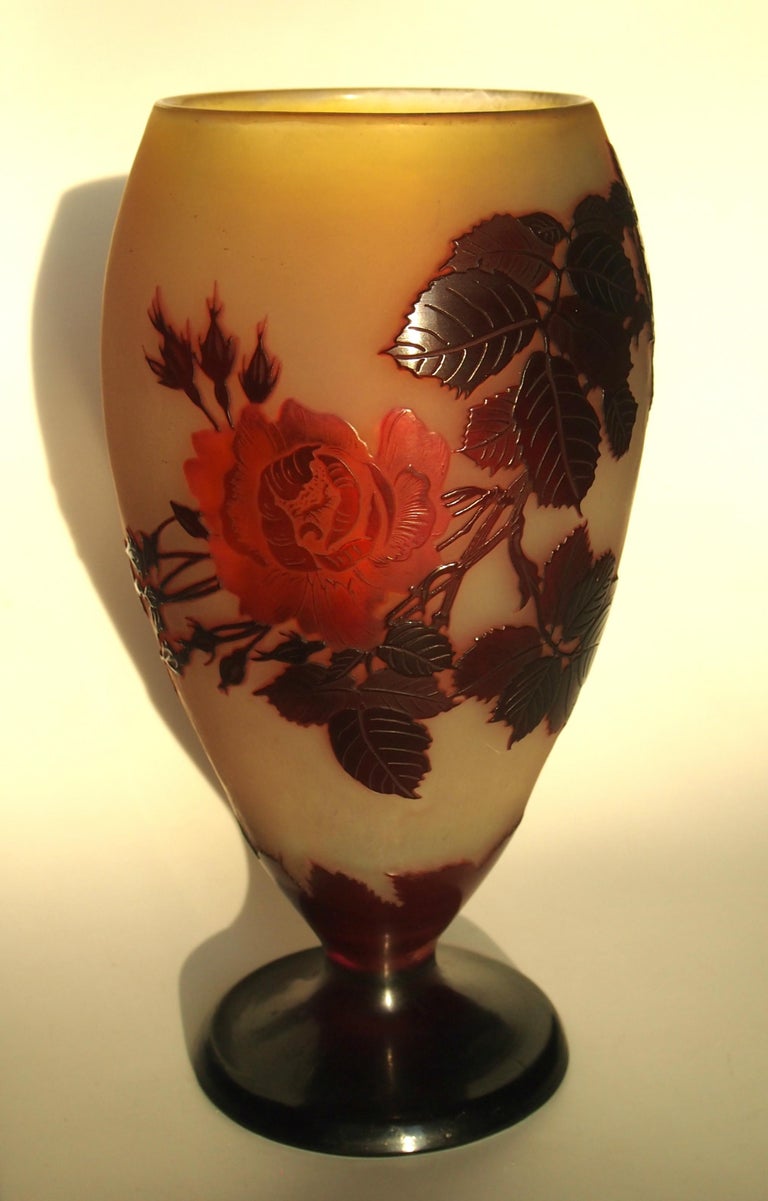Emile Galle Art Nouveau Cameo Glass Roses Vase -French For Sale at 1stDibs