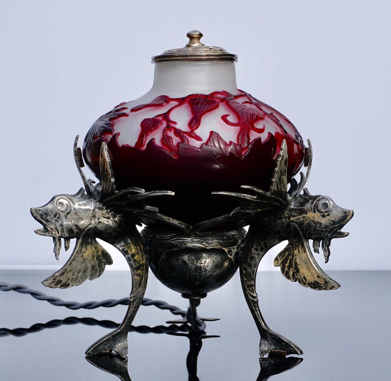 Emile Galle Cameo and Silver Fish Boudoir Lamp at 1stDibs